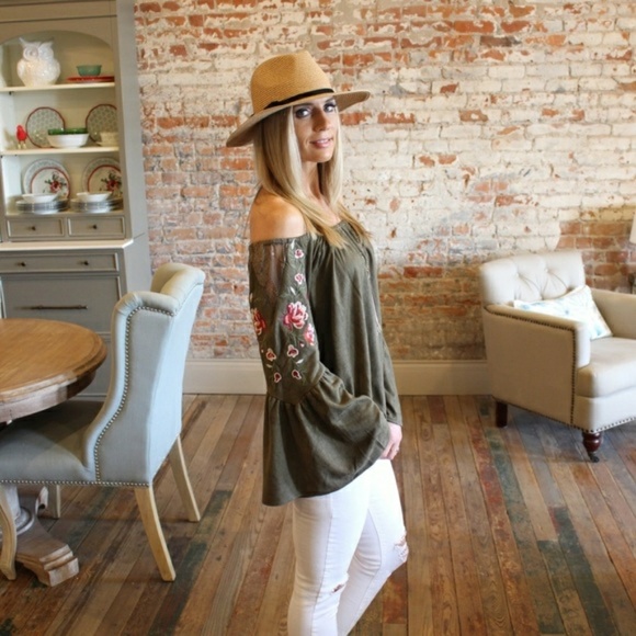Infinity Raine | Tops | Olive Faux Suede Embroidered Off Shoulder Tunic ...